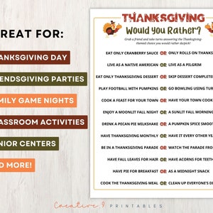 Printable Thanksgiving Would You Rather Game for Kids and Adults, Would ...