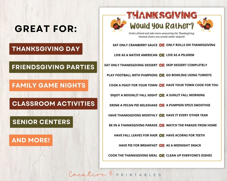Printable Thanksgiving Would You Rather Game for Kids and Adults, Would ...