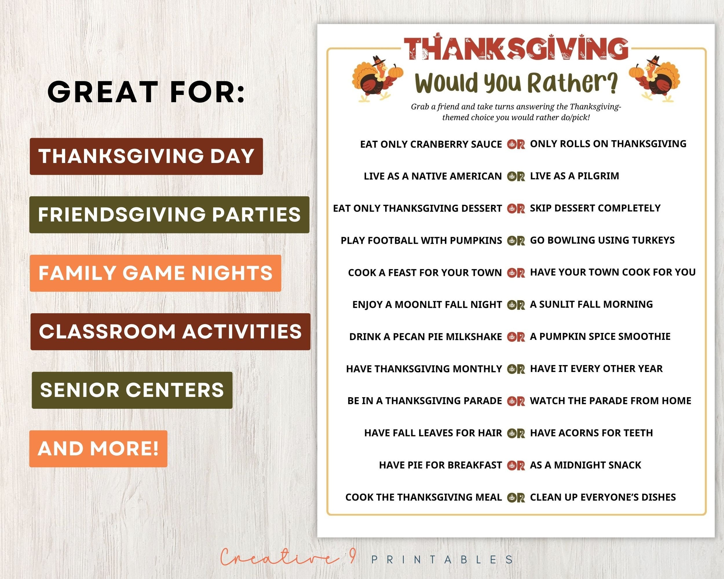 Printable Thanksgiving Would You Rather Game for Kids and Adults, Would ...