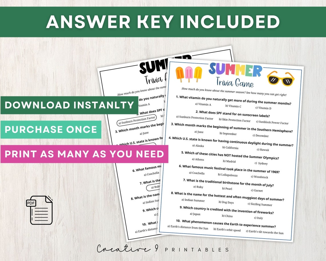 Summer Trivia Printable Game for Kids and Adults, 10 Summertime ...