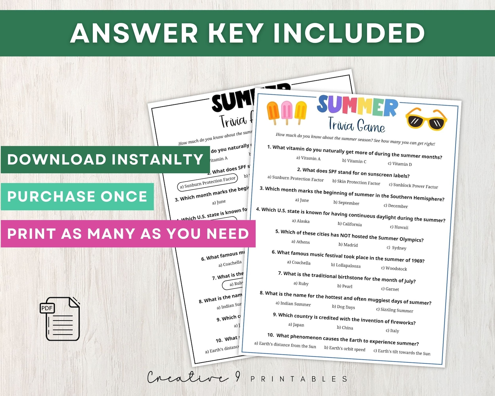 Summer Trivia Printable Game for Kids and Adults, 10 Summertime ...