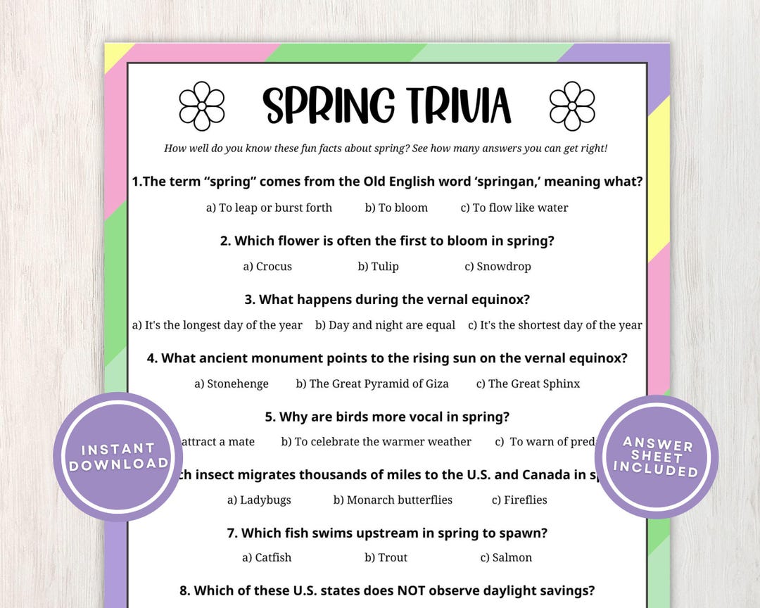 Spring Trivia Game for Kids and Adults, 10 Printable Questions With ...