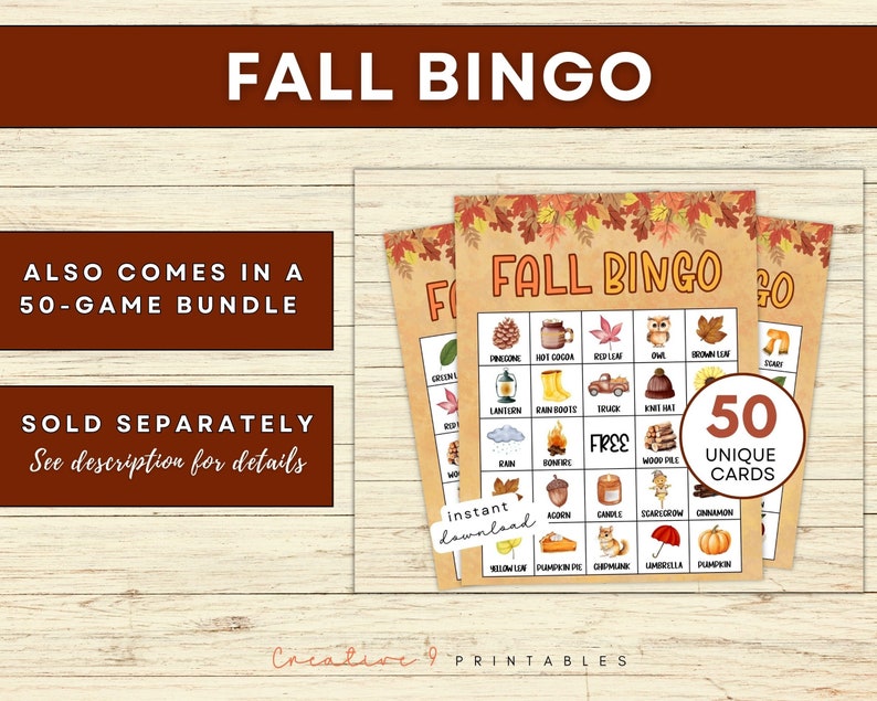 Printable Fall Bingo, 30 Fall Bingo Cards, Fall Party Game, Bingo Game ...
