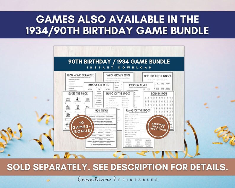 1934 Trivia Game Bundle for Adults and Kids, Seven Fun Printable 92nd ...