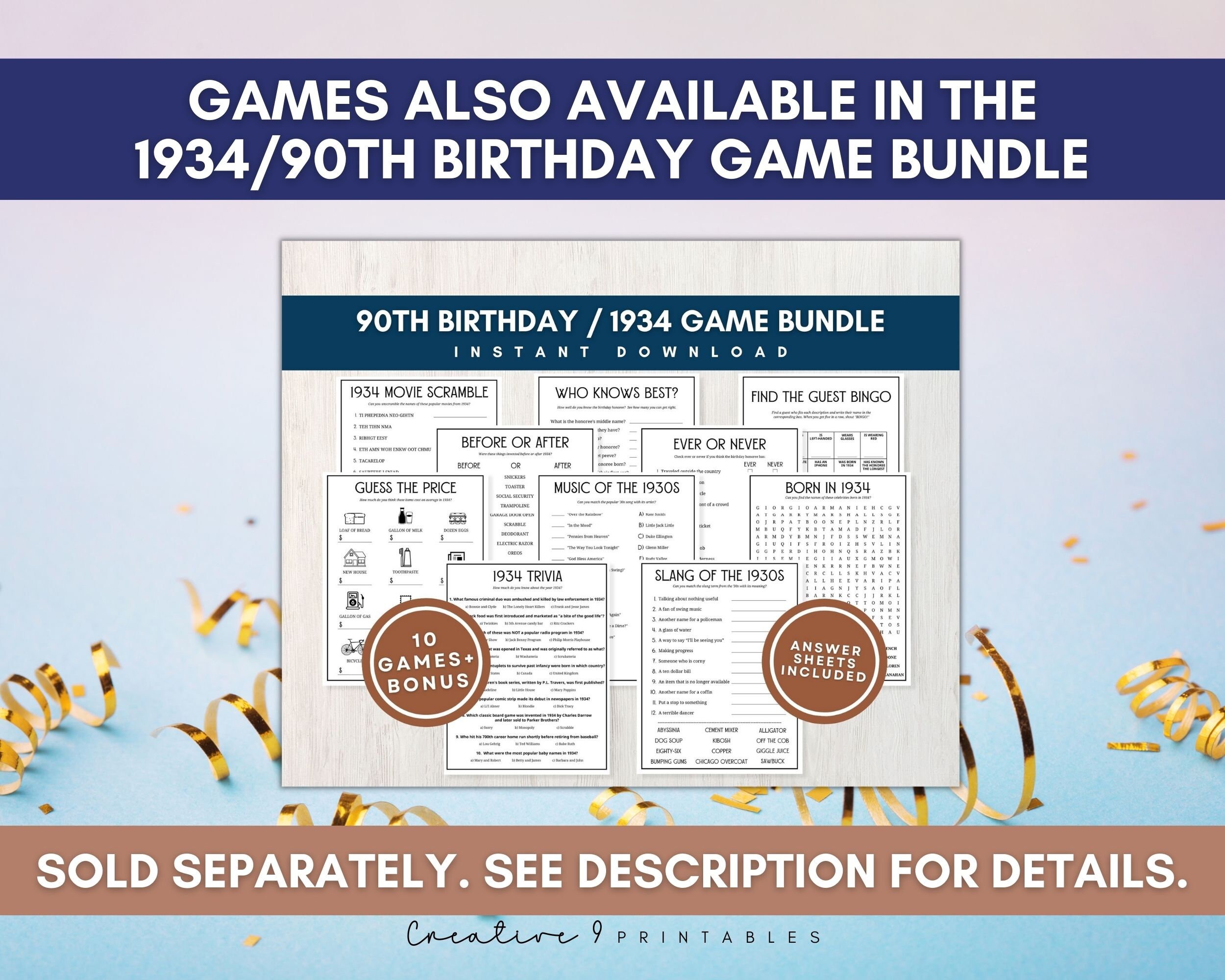 1934 Trivia Game Bundle for Adults and Kids, Seven Fun Printable 92nd ...