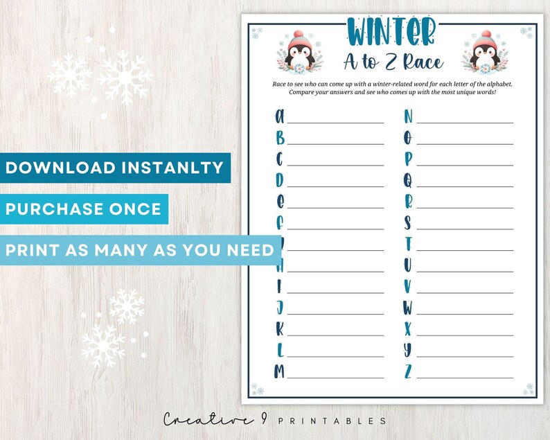 Printable Winter A to Z Game for Kids and Adults, Fun Winter A-Z Word ...