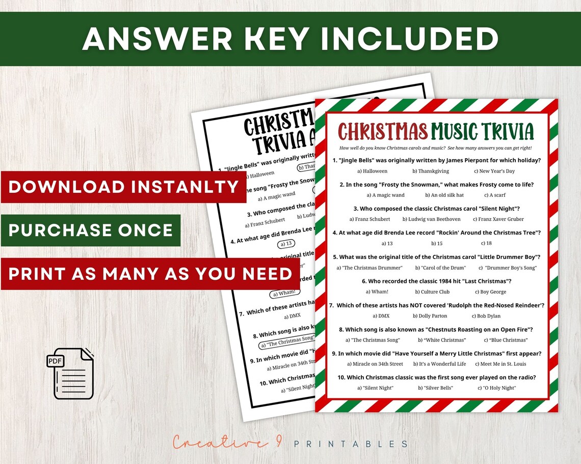 Printable Christmas Carol Trivia Game for Adults and Kids, 10 Fun ...