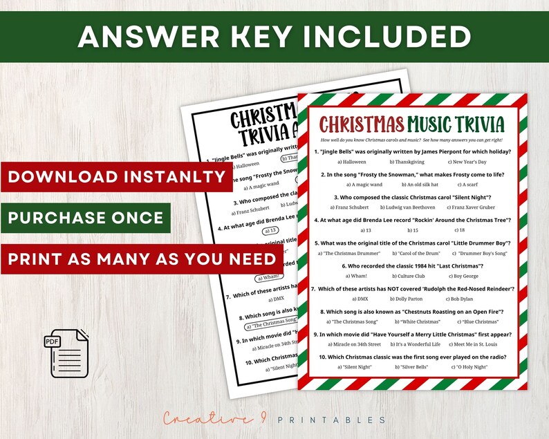 Printable Christmas Carol Trivia Game for Adults and Kids, 10 Fun ...