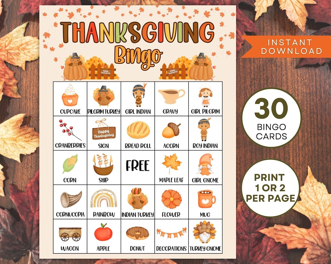 30 Printable Thanksgiving Bingo Cards for Kids and Adults, Thanksgiving ...