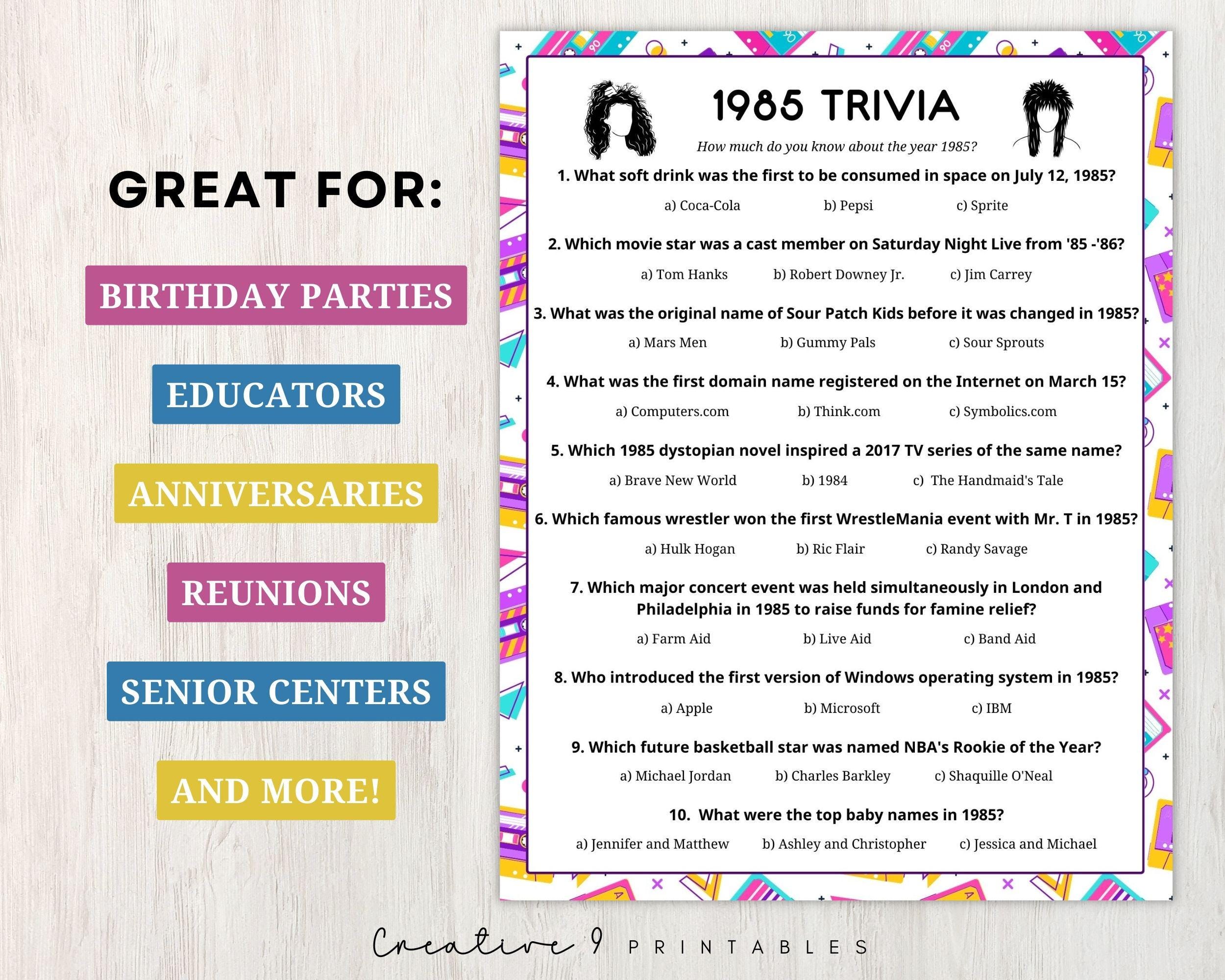 1985 Trivia Party Game - Printable for 40th Birthday, Reunion, or ...