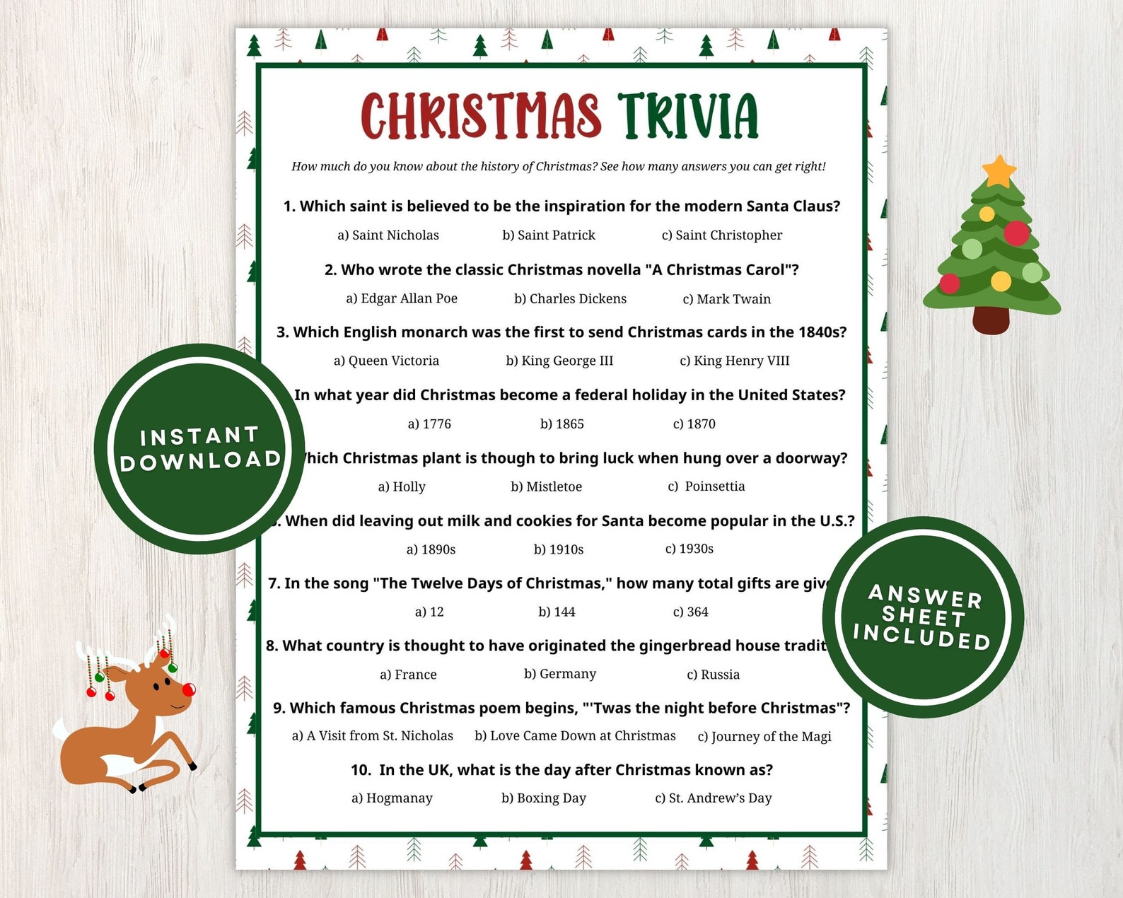 Printable Christmas Trivia Game for Adults and Kids, 10 Christmas ...