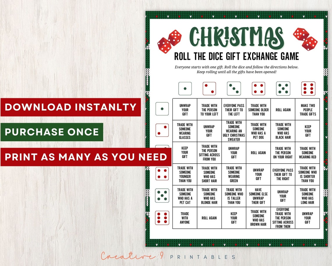 Printable Christmas Gift Exchange Dice Game for Adults, Fun Group Roll ...
