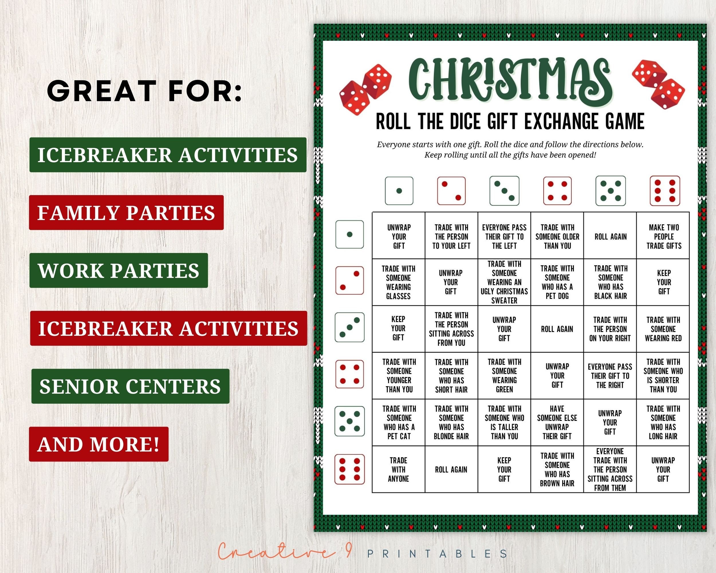 Printable Christmas Gift Exchange Dice Game for Adults, Fun Group Roll ...