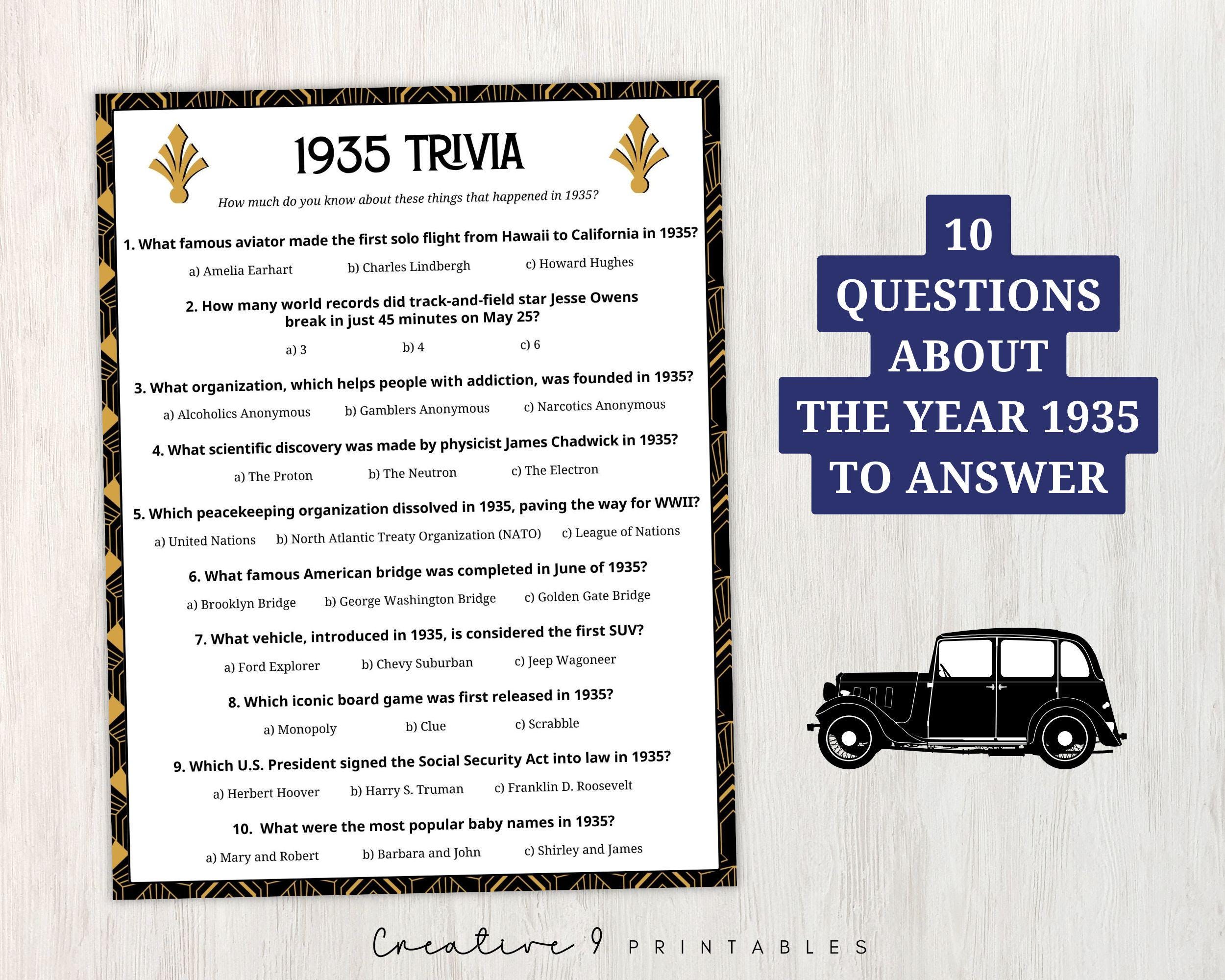 1935 Trivia Game, 90th Birthday Trivia Game, Way Back in 1935, 90th ...