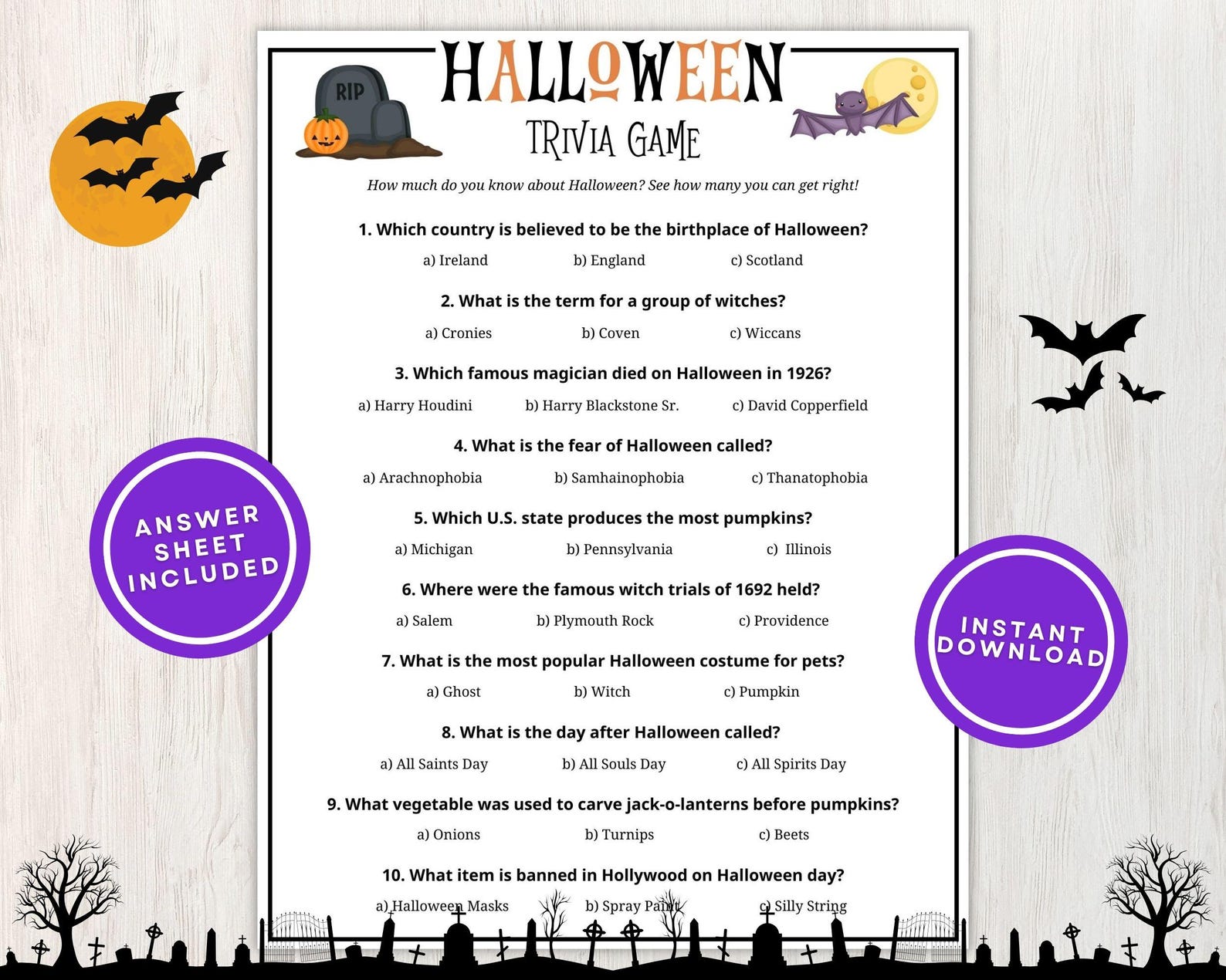 Halloween Trivia Printable Game for Kids and Adults, 10 Trivia ...