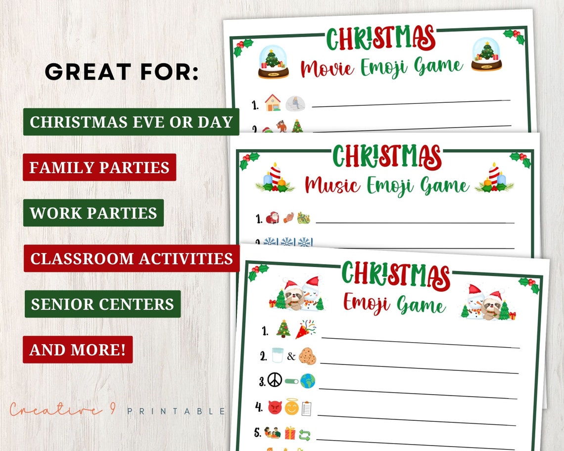 Emoji Christmas Game Bundle for Kids and Adults, 3 Printable Christmas ...