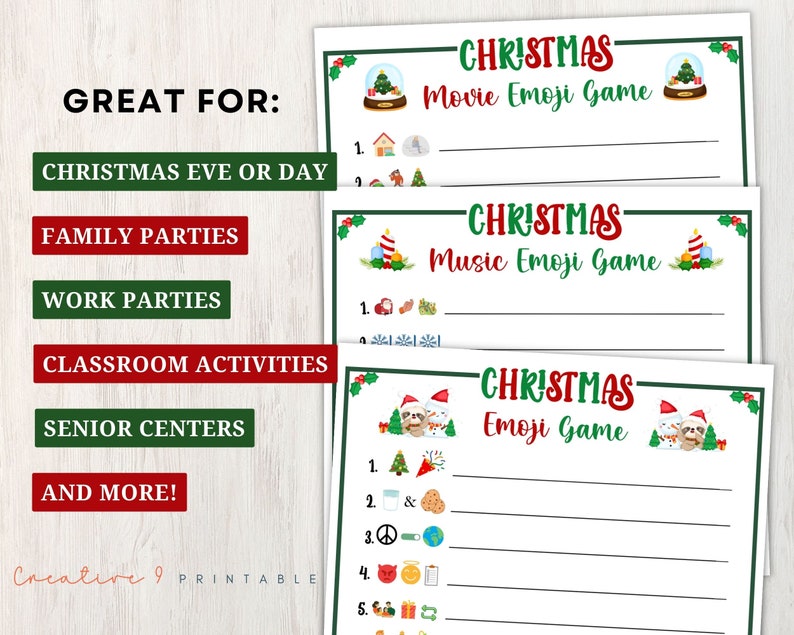 Emoji Christmas Game Bundle for Kids and Adults, 3 Printable Christmas ...