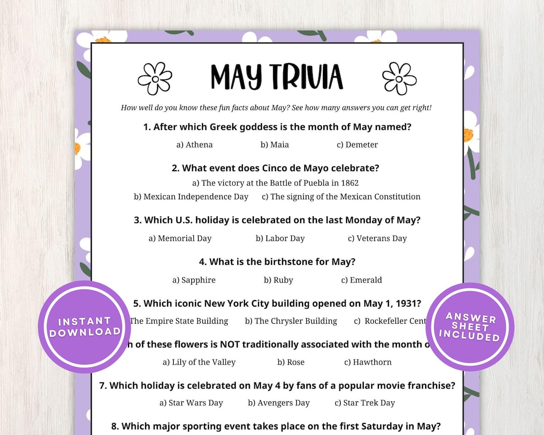 May Trivia Printable Game for Kids and Adults, 10 Fun Facts Quiz ...