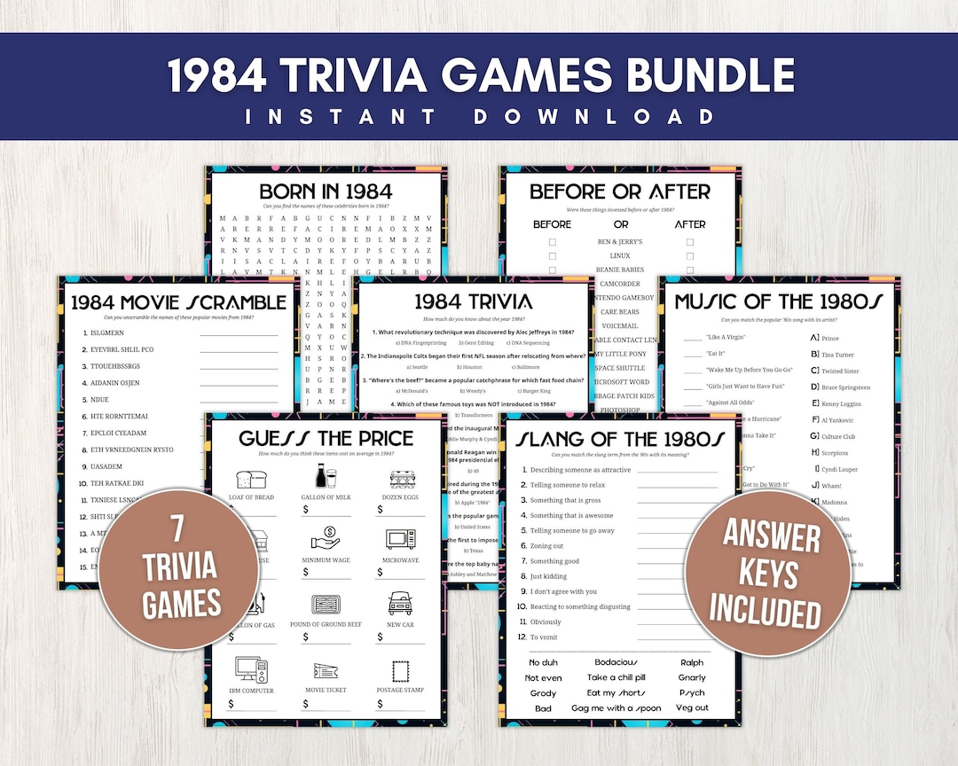 1984 Trivia Game Bundle for Adults, Seven Fun Printable 41st Party ...