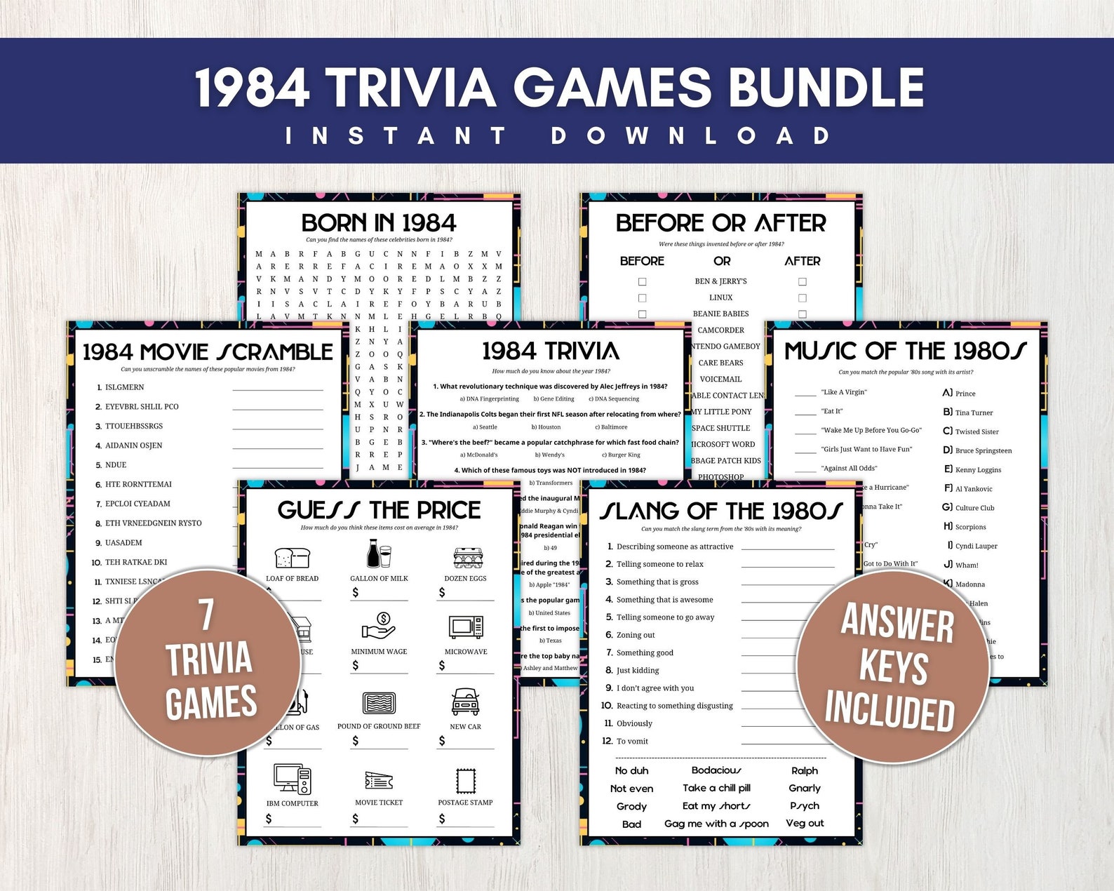 1984 Trivia Game Bundle for Adults, Seven Fun Printable 42nd Party ...