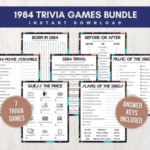 1984 Trivia Game Bundle for Adults, Seven Fun Printable 42nd Party ...