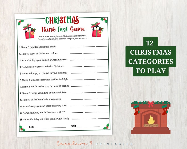 Printable Think Fast Christmas Game for Kids and Adults, Family ...