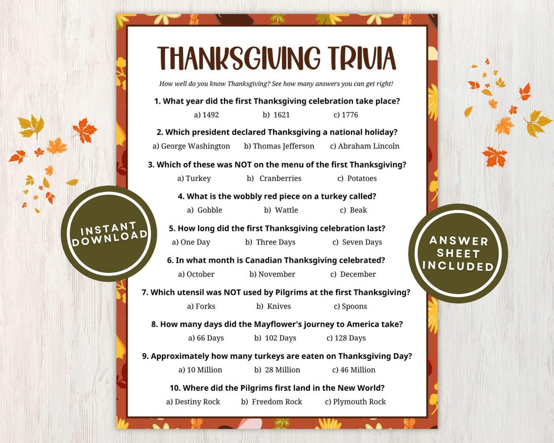 Thanksgiving Trivia Game Printable for Kids and Adults, 10 Thanksgiving ...