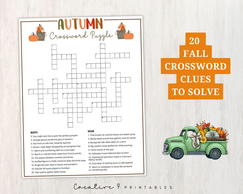 Fall Crossword Puzzle for Kids & Adults, Printable Fall Word Game, Fun ...