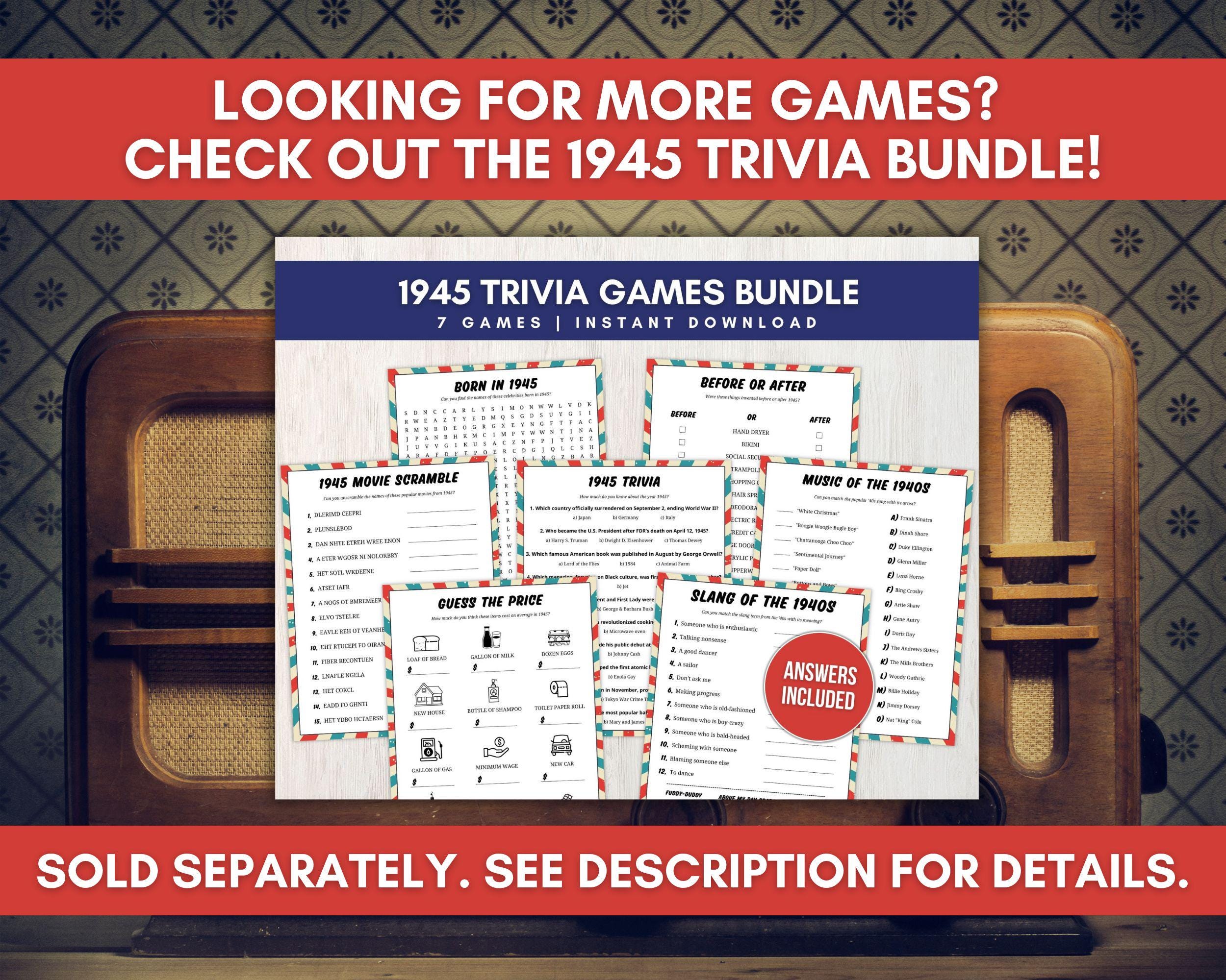 1945 Trivia With Answers, Printable 80th Birthday Game, 10 Fun Quiz ...