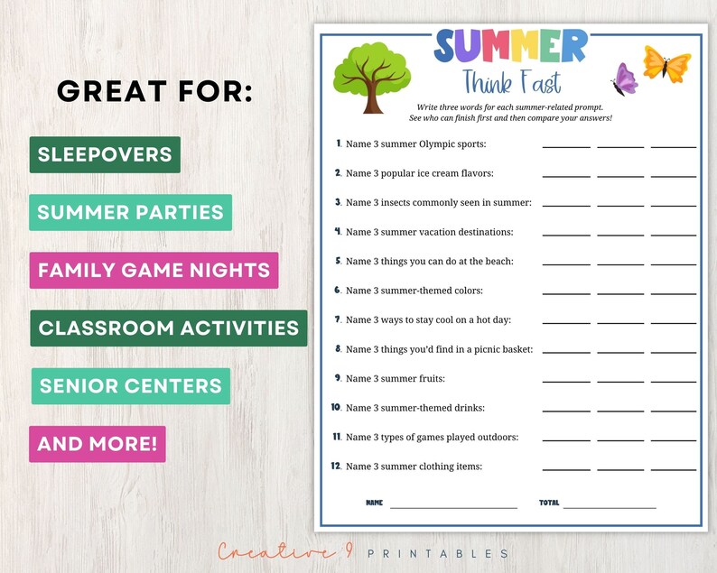 Summer Think Fast Printable Game for Kids and Adults, Think Quick ...