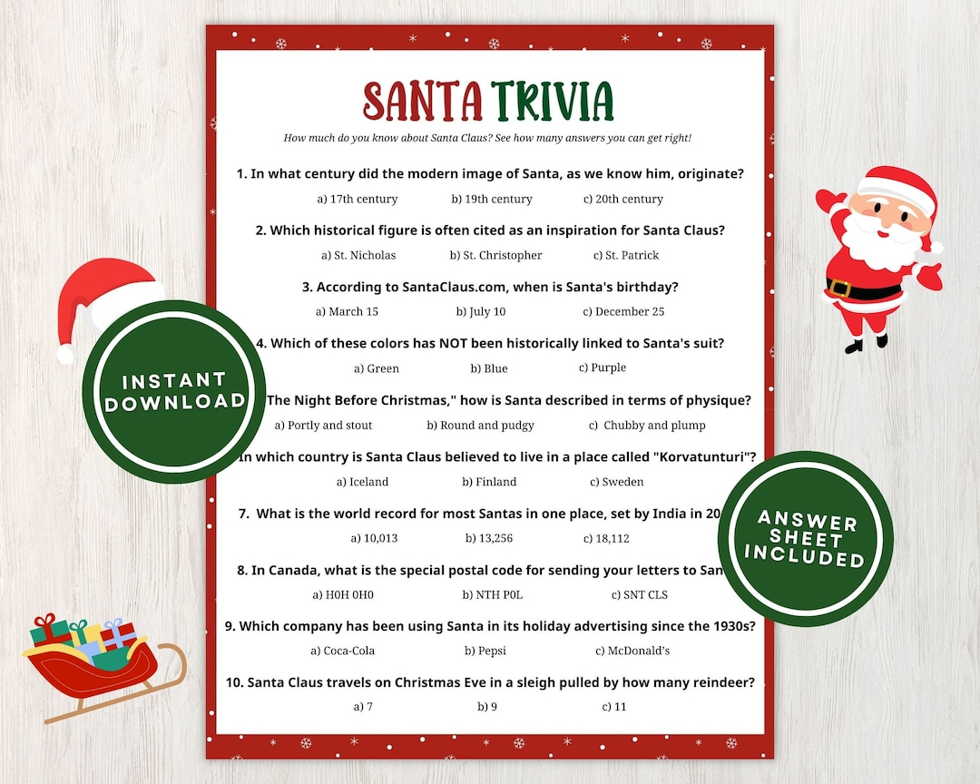 Printable Santa Trivia Game for Adults and Kids, 10 Fun Santa Trivia ...