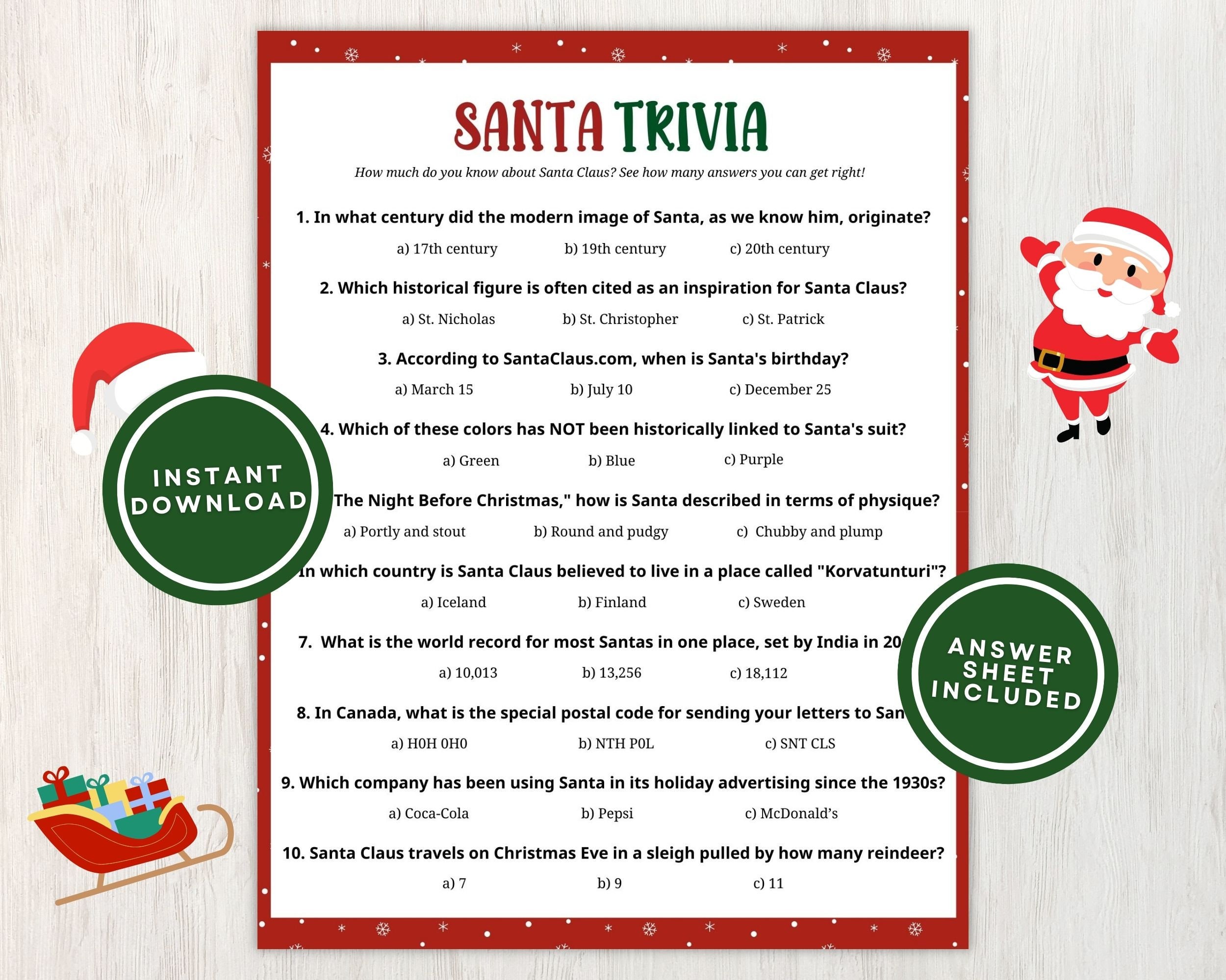 Printable Santa Trivia Game for Adults and Kids, 10 Fun Santa Trivia ...
