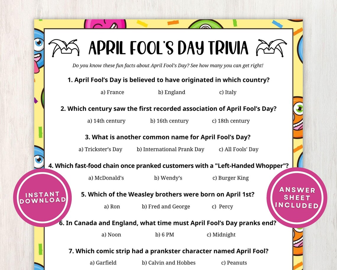 April Fool's Day Trivia Printable Game for Kids and Adults, 10 Trivia ...