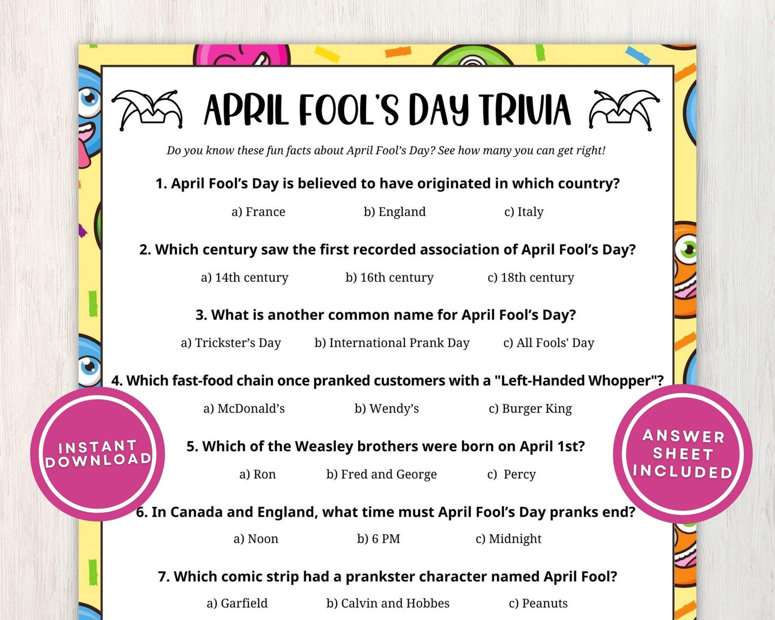 April Fool's Day Trivia Printable Game for Kids and Adults, 10 Trivia ...