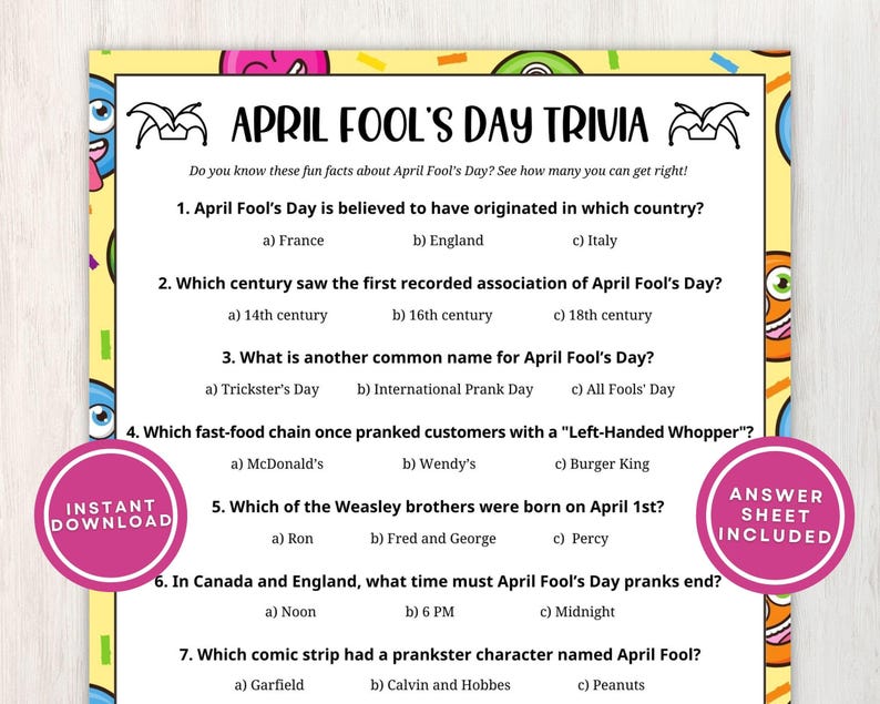 April Fool's Day Trivia Printable Game for Kids and Adults, 10 Trivia ...