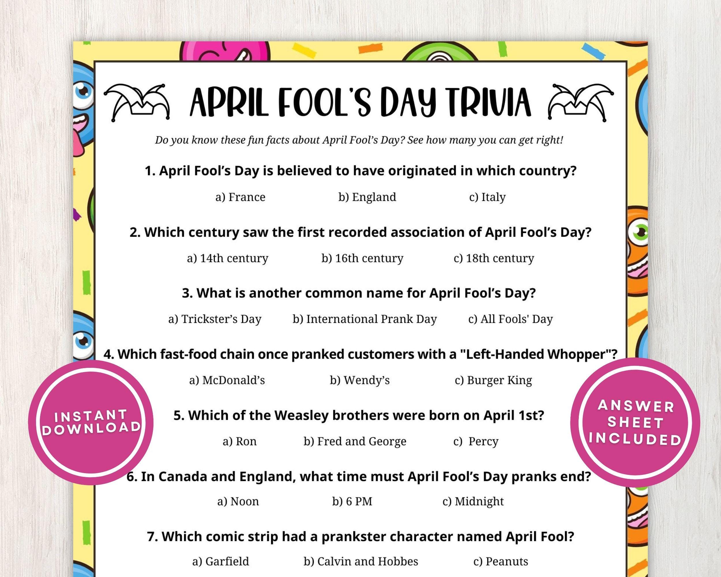 April Fool's Day Trivia Printable Game for Kids and Adults, 10 Trivia ...