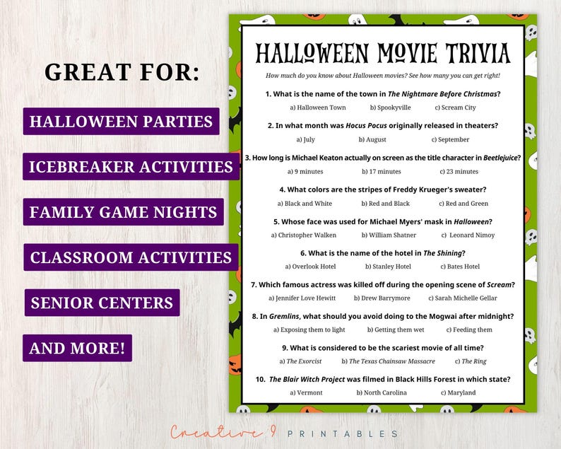 Halloween Movie Trivia Printable Game for Kids and Adults, 10 Trivia ...