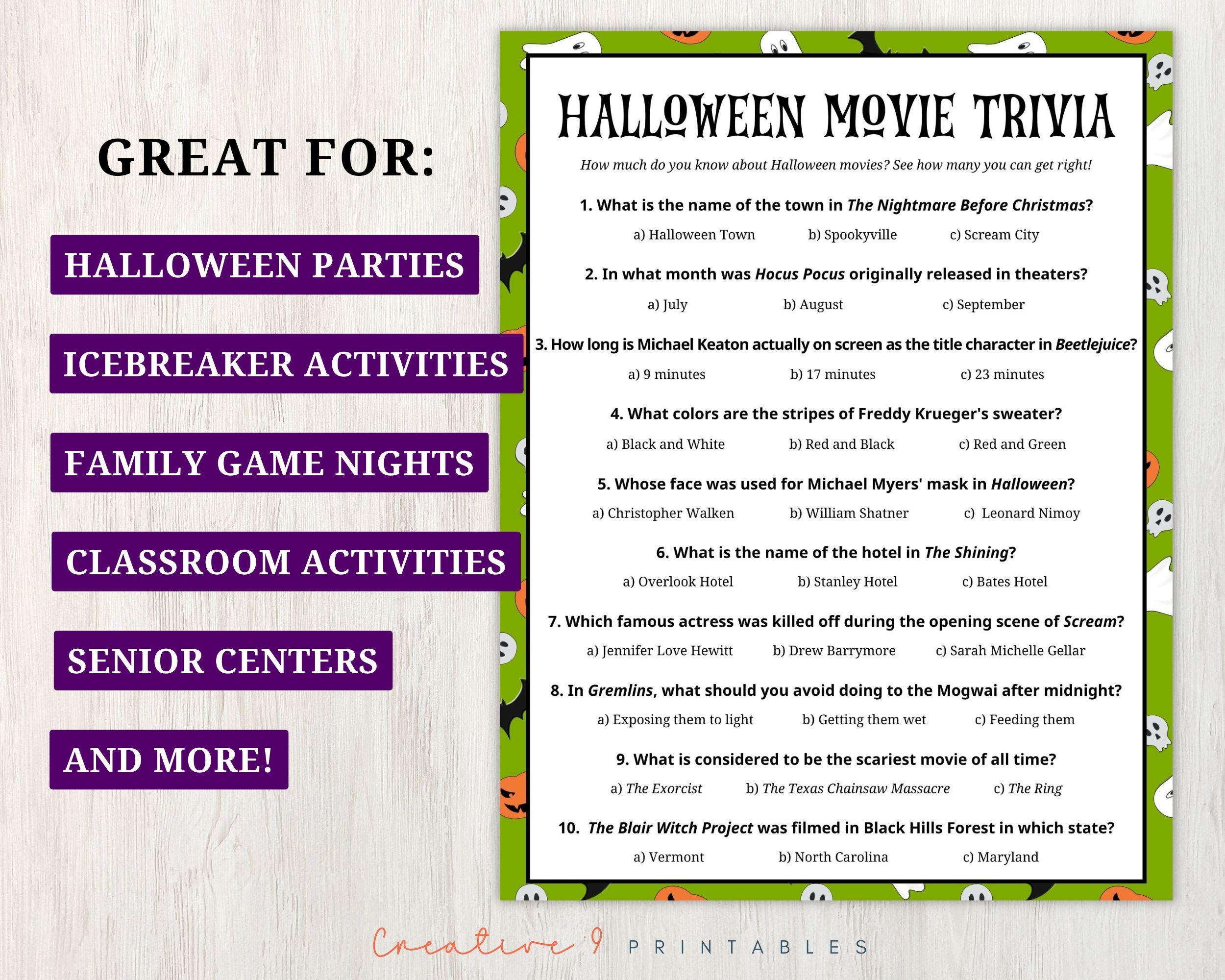 Halloween Movie Trivia Printable Game for Kids and Adults, 10 Trivia ...
