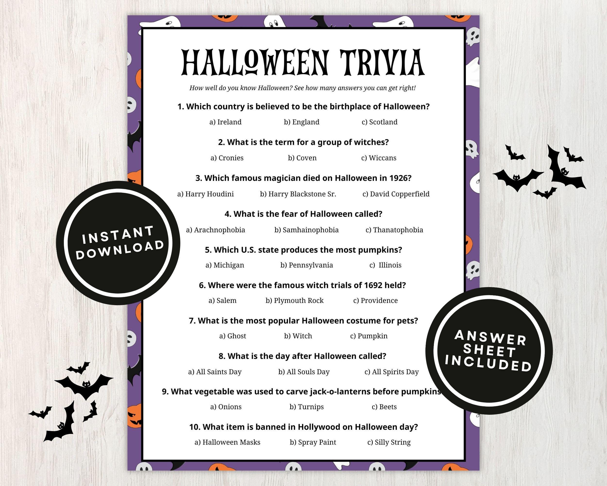 Printable Halloween Trivia Game for Kids and Adults, 10 Halloween ...