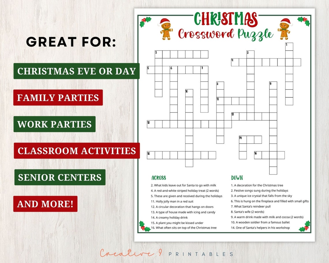 Printable Christmas Crossword Puzzle for Kids and Adults, Fun Christmas ...