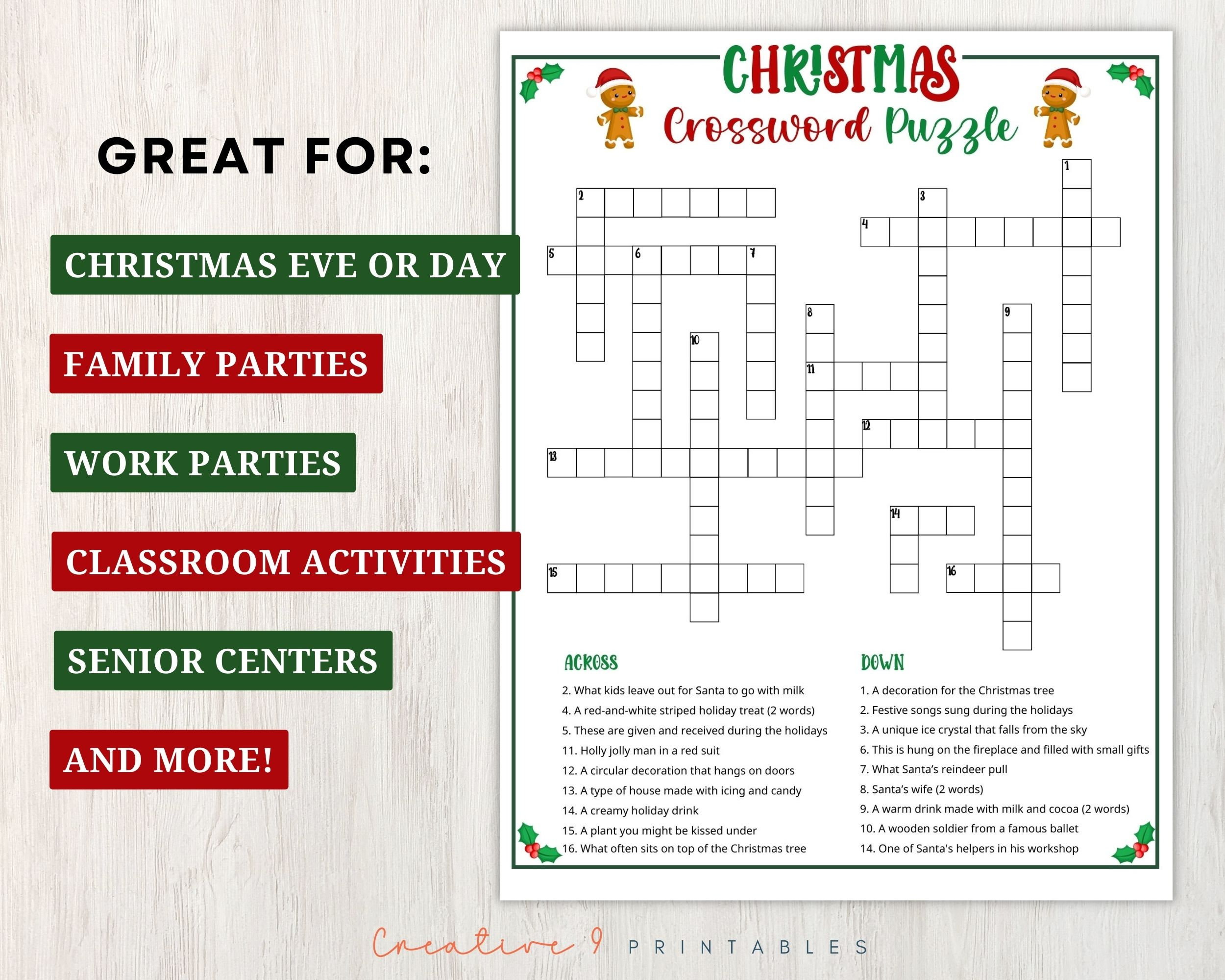 Printable Christmas Crossword Puzzle for Kids and Adults, Fun Christmas ...