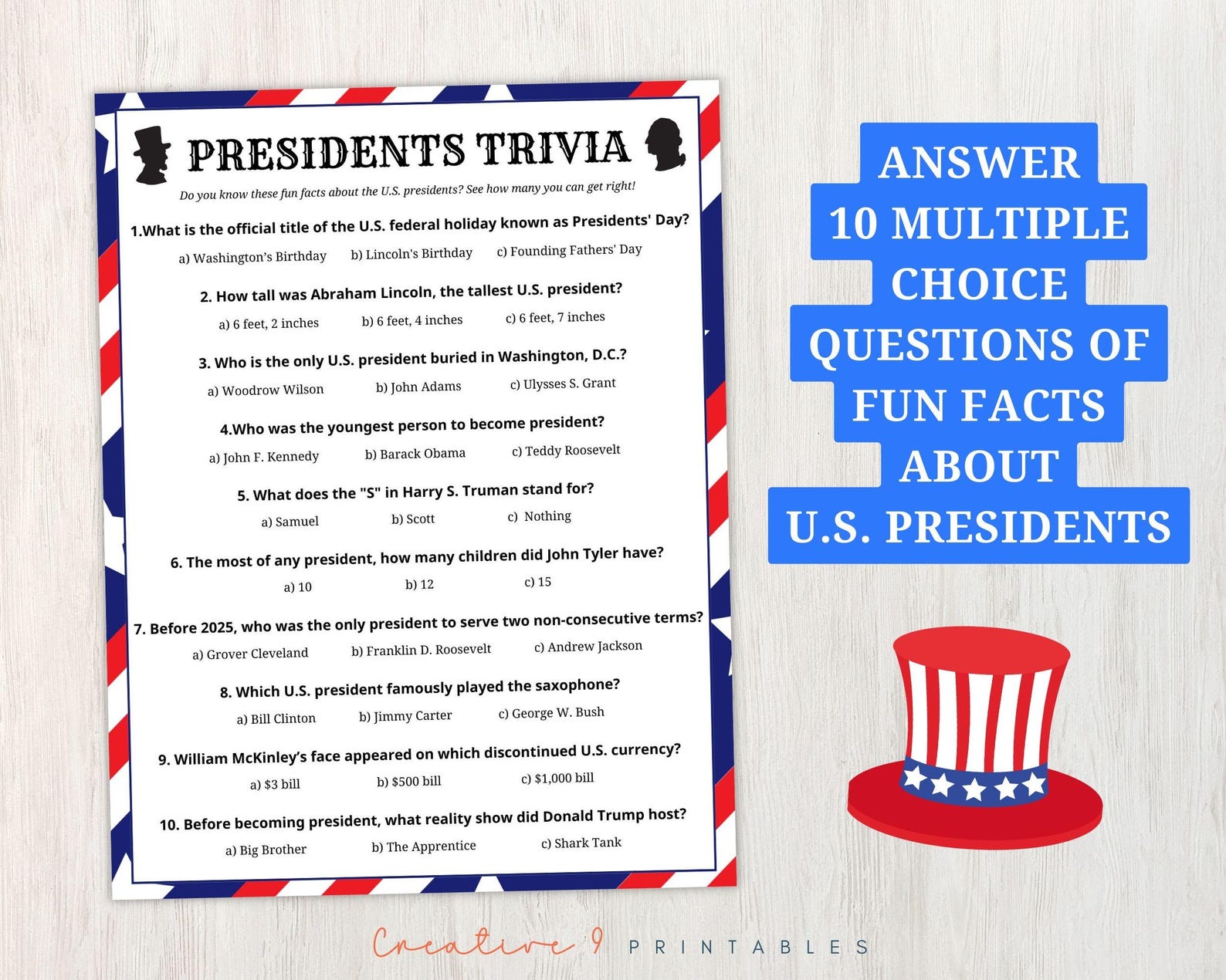 Presidents' Day Trivia Printable Game for Adults and Kids, 10 Fun Facts ...