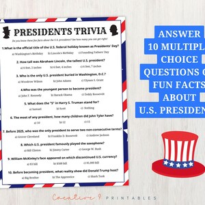Presidents' Day Trivia Printable Game for Adults and Kids, 10 Fun Facts ...