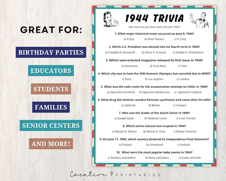 1944 Trivia With Answers, Printable 81st Birthday Game, 10 Fun Quiz ...