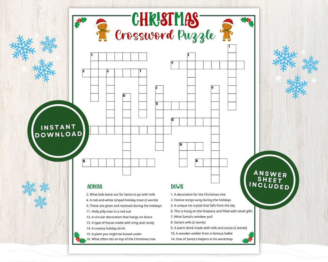 Printable Christmas Crossword Puzzle for Kids and Adults, Fun Christmas ...