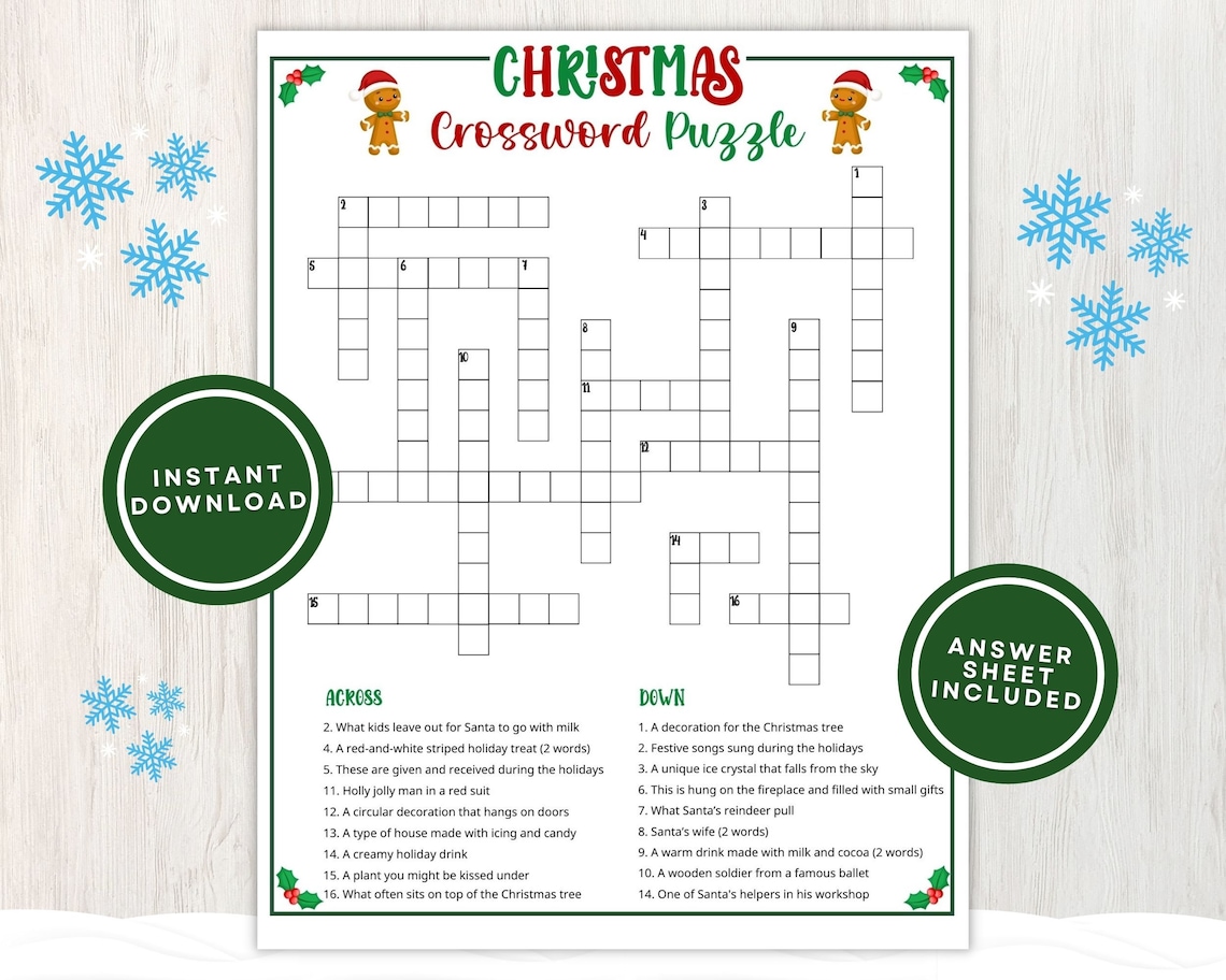 Printable Christmas Crossword Puzzle for Kids and Adults, Fun Christmas ...