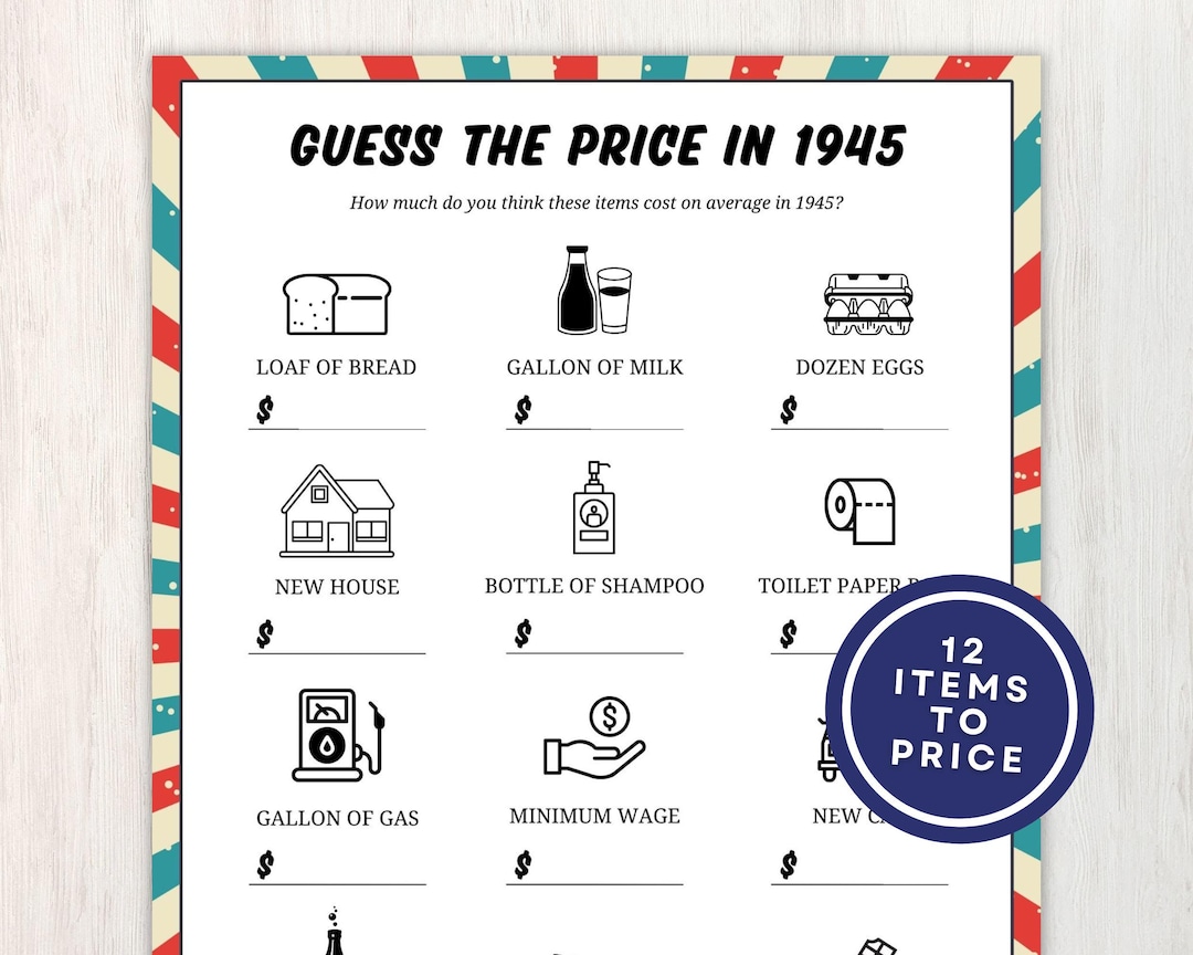 1945 Guess the Price Game, 80th Birthday Party Games, Back in 1945 ...