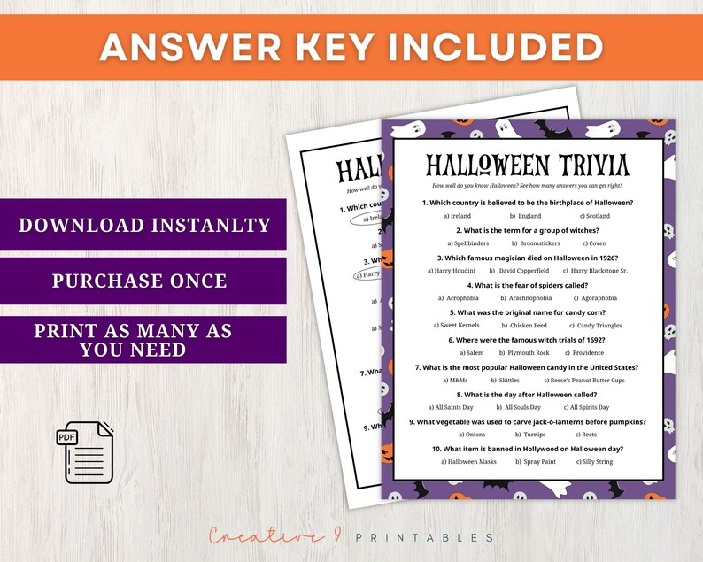 Printable Halloween Trivia Game for Kids and Adults, 10 Halloween ...