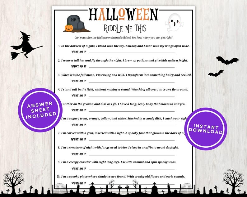 Halloween Riddle Me This Printable Game for Kids, 10 Fun Puzzles for ...
