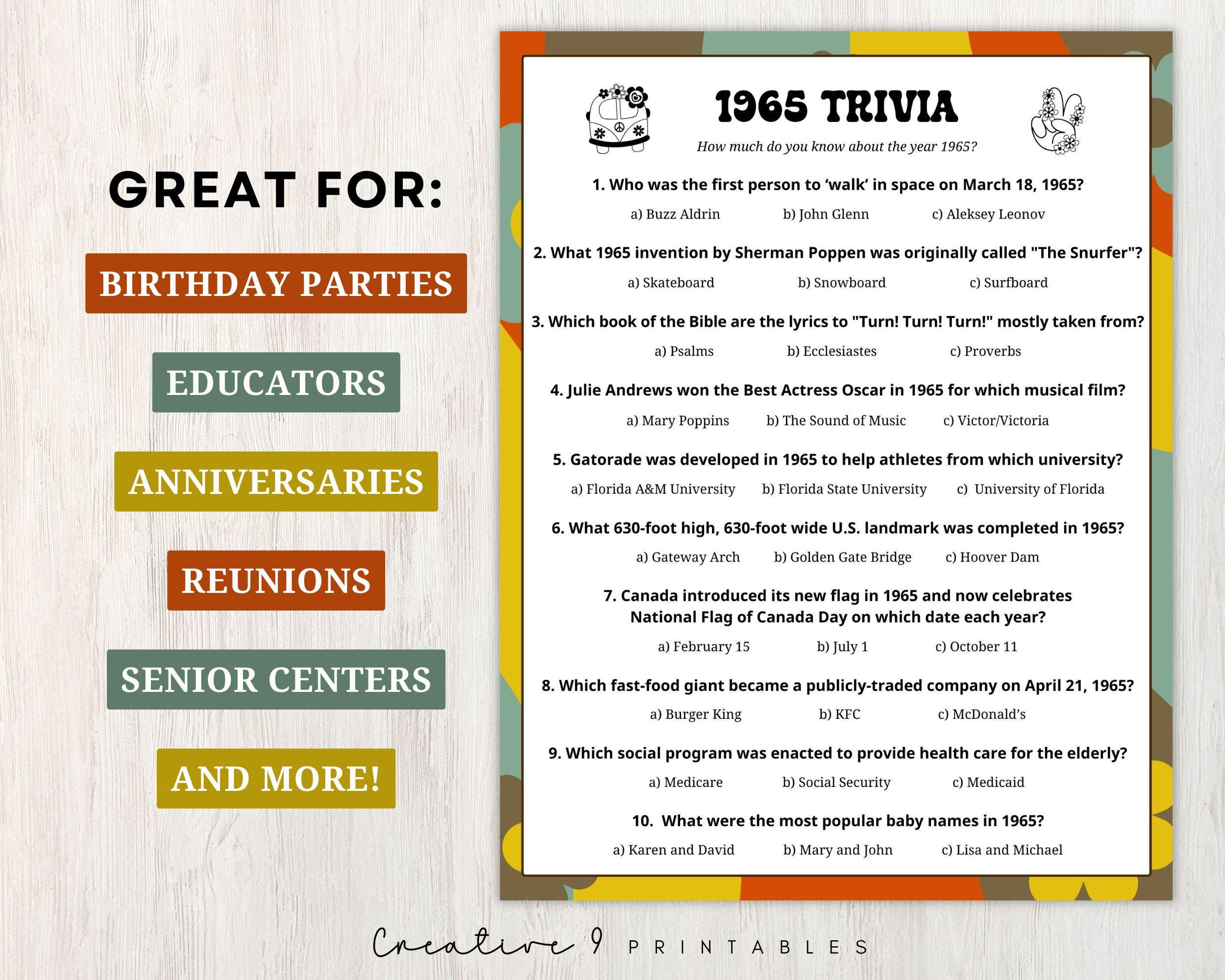 1965 Trivia With Answers, 60th Birthday Party, 60th Anniversary, Born ...